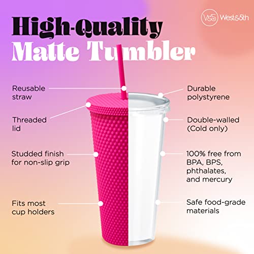 Matte Studded Tumbler with Lid & Straw, Reusable BPA Free Plastic Water Bottle, Travel Friendly Water/Iced Coffee/Cold Brew/Smoothie Textured Cold Cup, 24oz (Fuchsia)