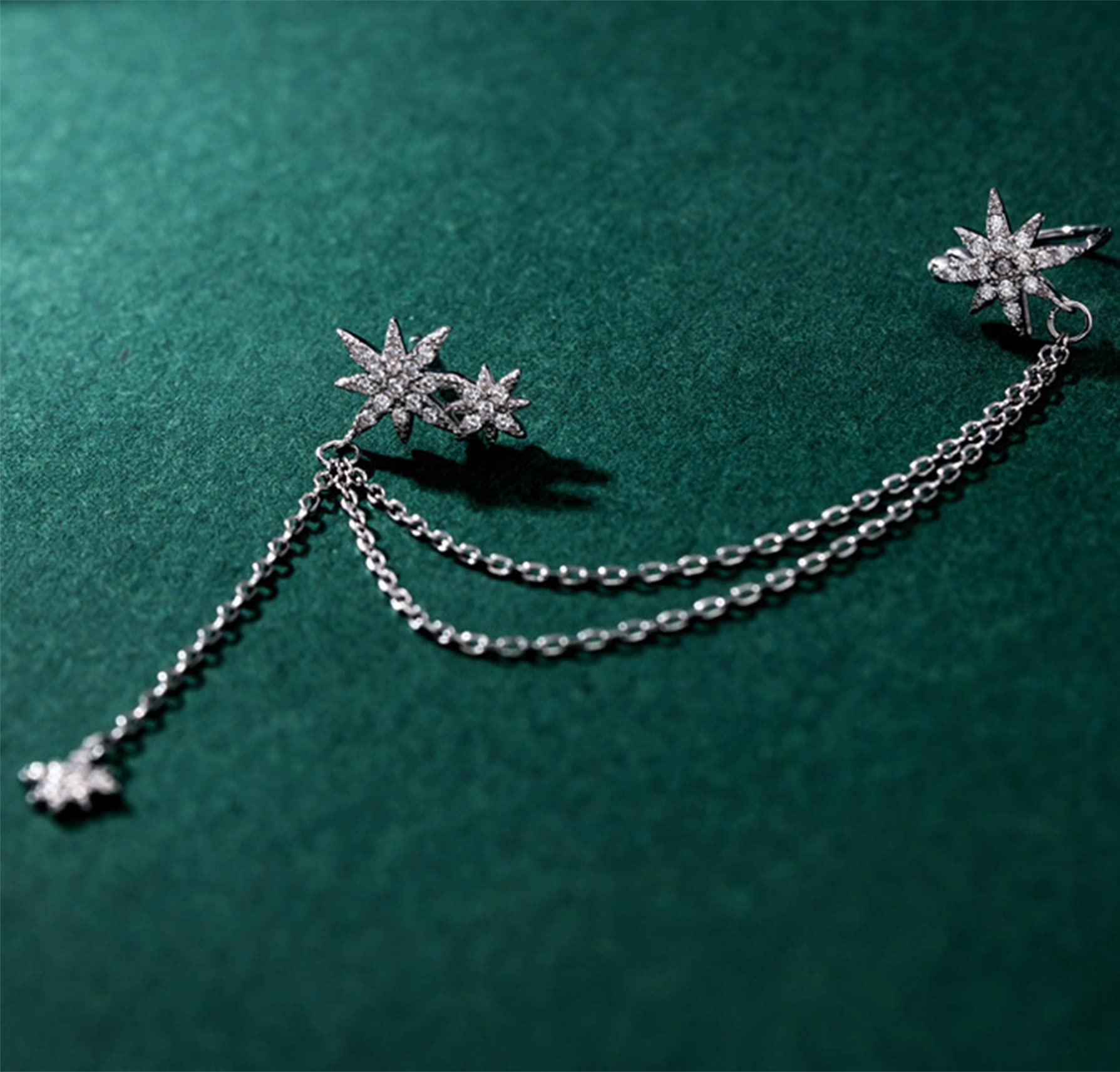 Ofeiyaa 6Pcs Tassel Ear Cuff Butterfly Snowflake Flower Star Moon Leaf CZ Cuff Earring Chain Set Crawler Climber Dangling Chain Wrap Clip on Earrings Jewelry for Women Men