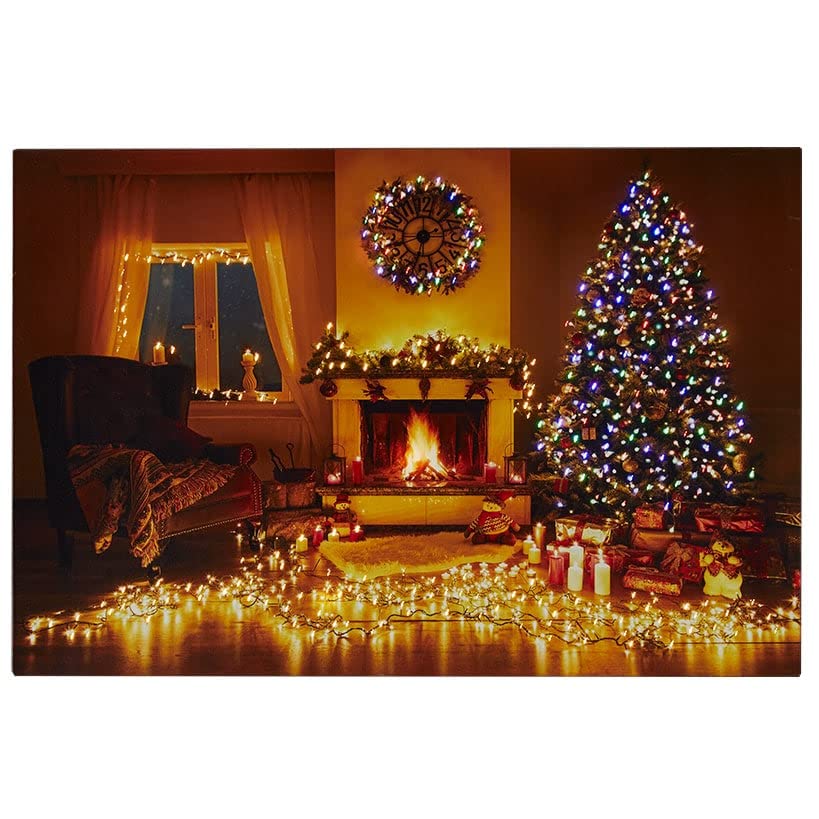 Lighted Holiday Canvas Wall Art - Christmas Décor with Fiber-Optics - Fireplace
