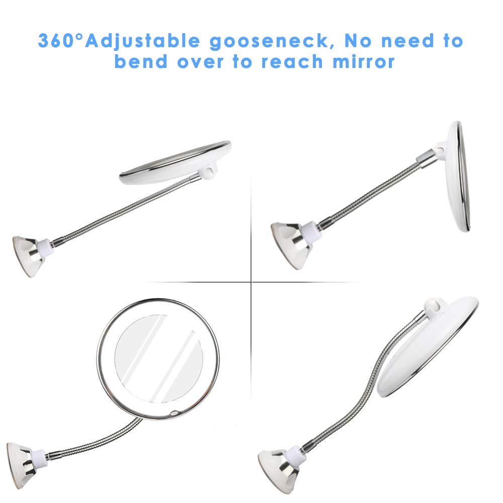 Magnifying Makeup Mirror Flexible Gooseneck LED Lighted with with Strong Suction Cup, Bright Diffused Light and 360 Degree Rotation Portable Cordless for Travel and Home Round Shape Makeup Mirror