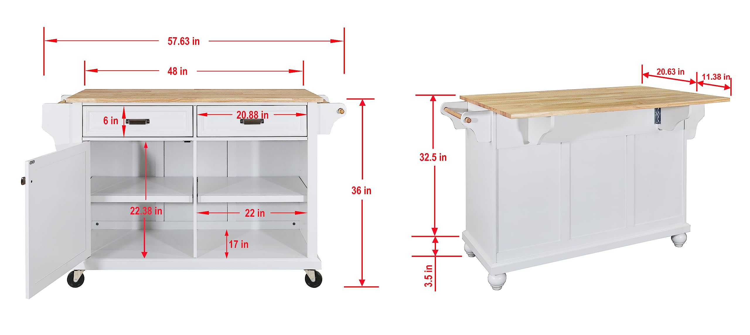 Kitchen Island on Wheels with Drop Leaf and Solid Wood Feet, 57.6 Inch Width/32 Inch Depth Rolling Kitchen Island Cart with Storage Cabinet and Drawers for Kitchen, White