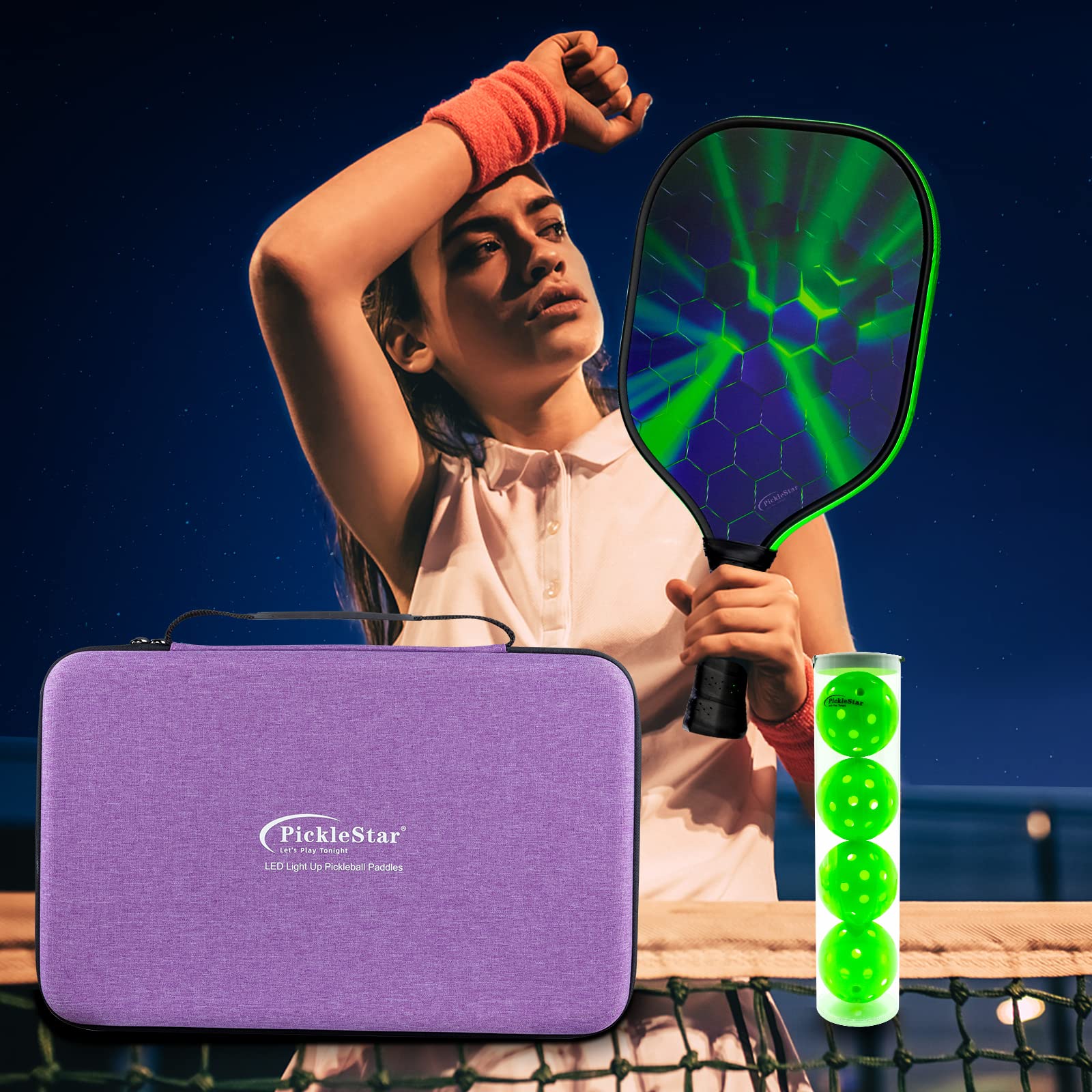 PickleStar LED Light Up Pickleball Paddles with Graphite Carbon Fiber Face and Honeycomb Polypropylene Core,Set of 2, 10 Batteries Included,Gift for Pickleball Lovers