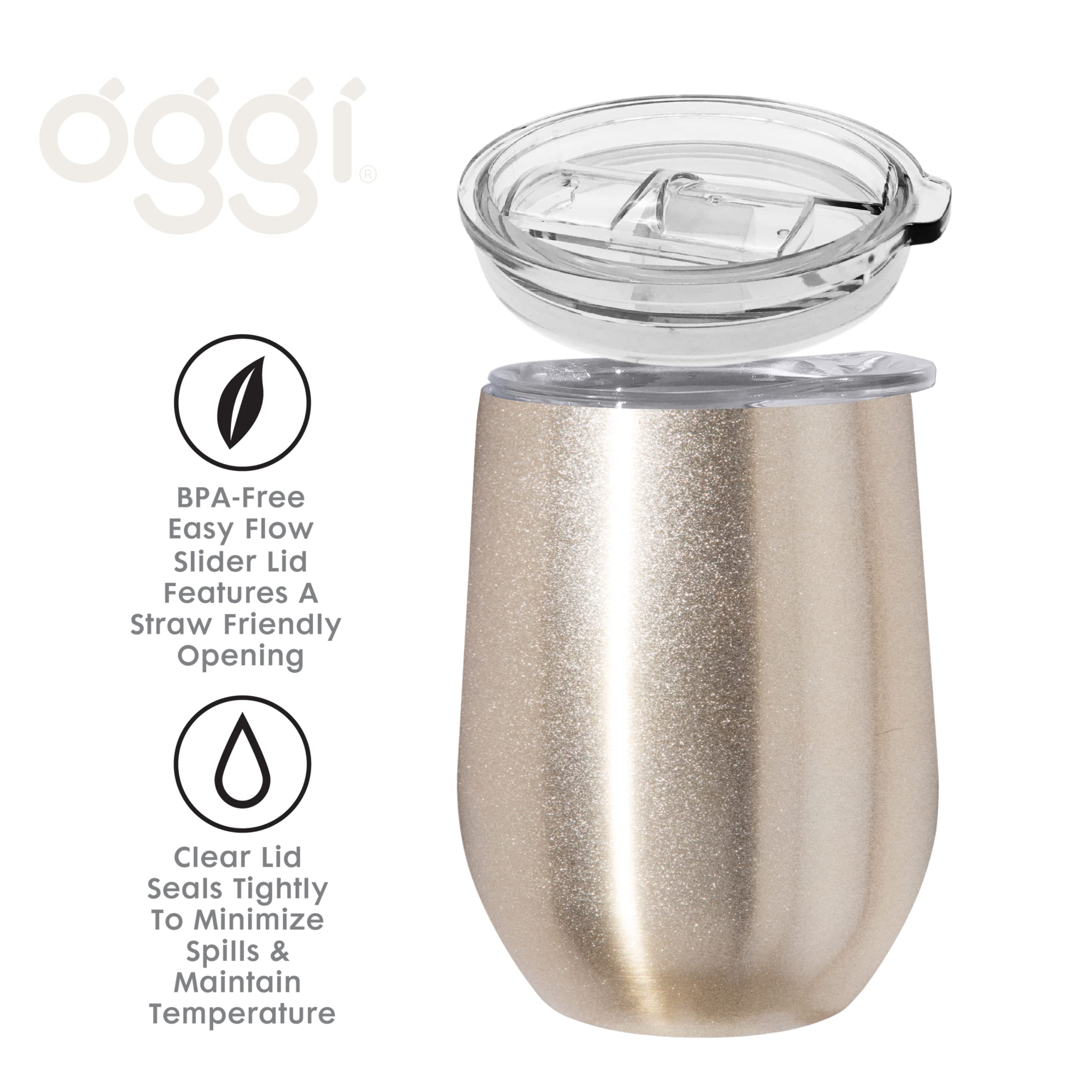Oggi Cheers 'Celebrate Collection' Stainless Steel Insulated Wine Tumbler - Gold Sparkle, 12oz, with clear slider lid.