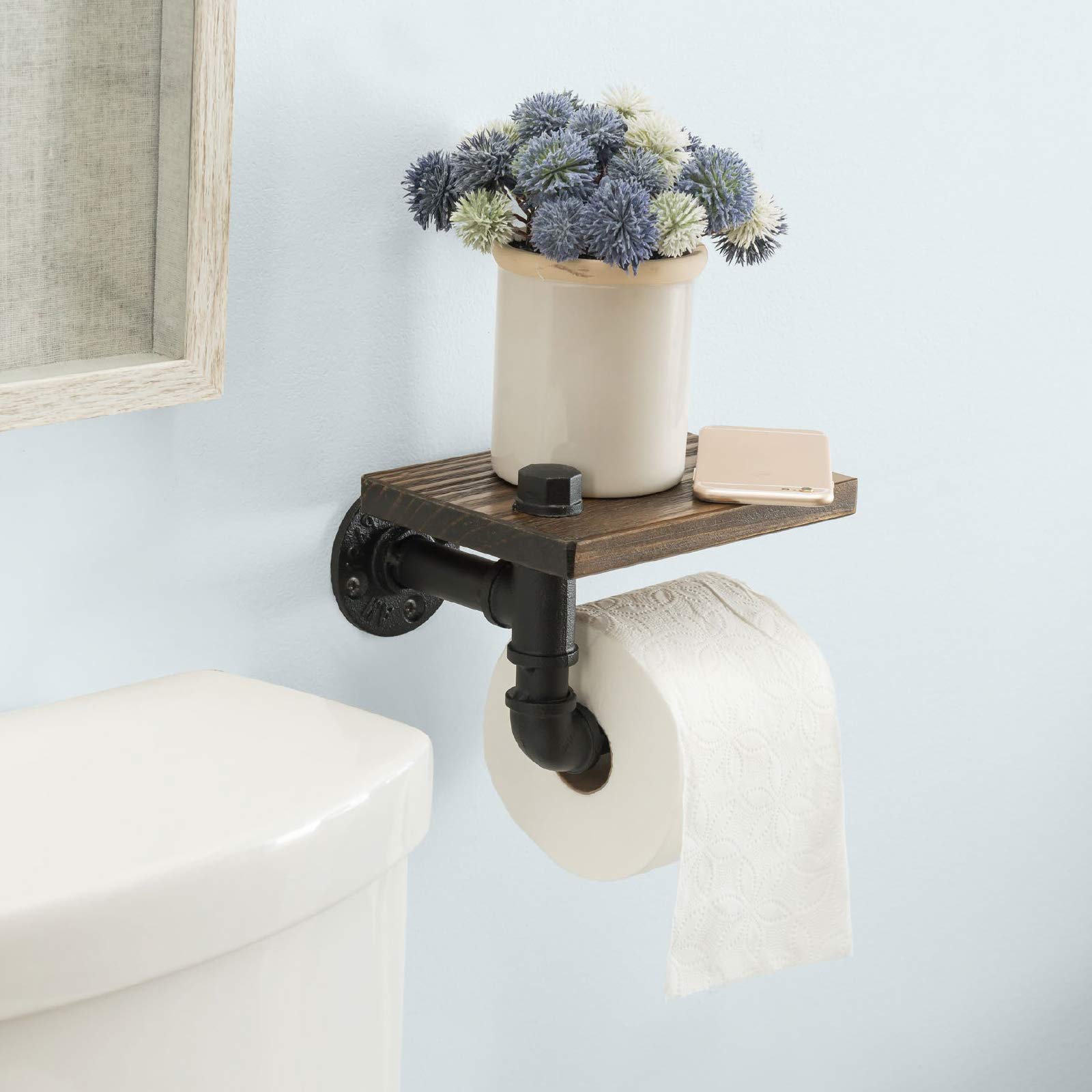 Industrial Toilet Paper Holder with Rustic Wooden Shelf and Cast Iron Pipe