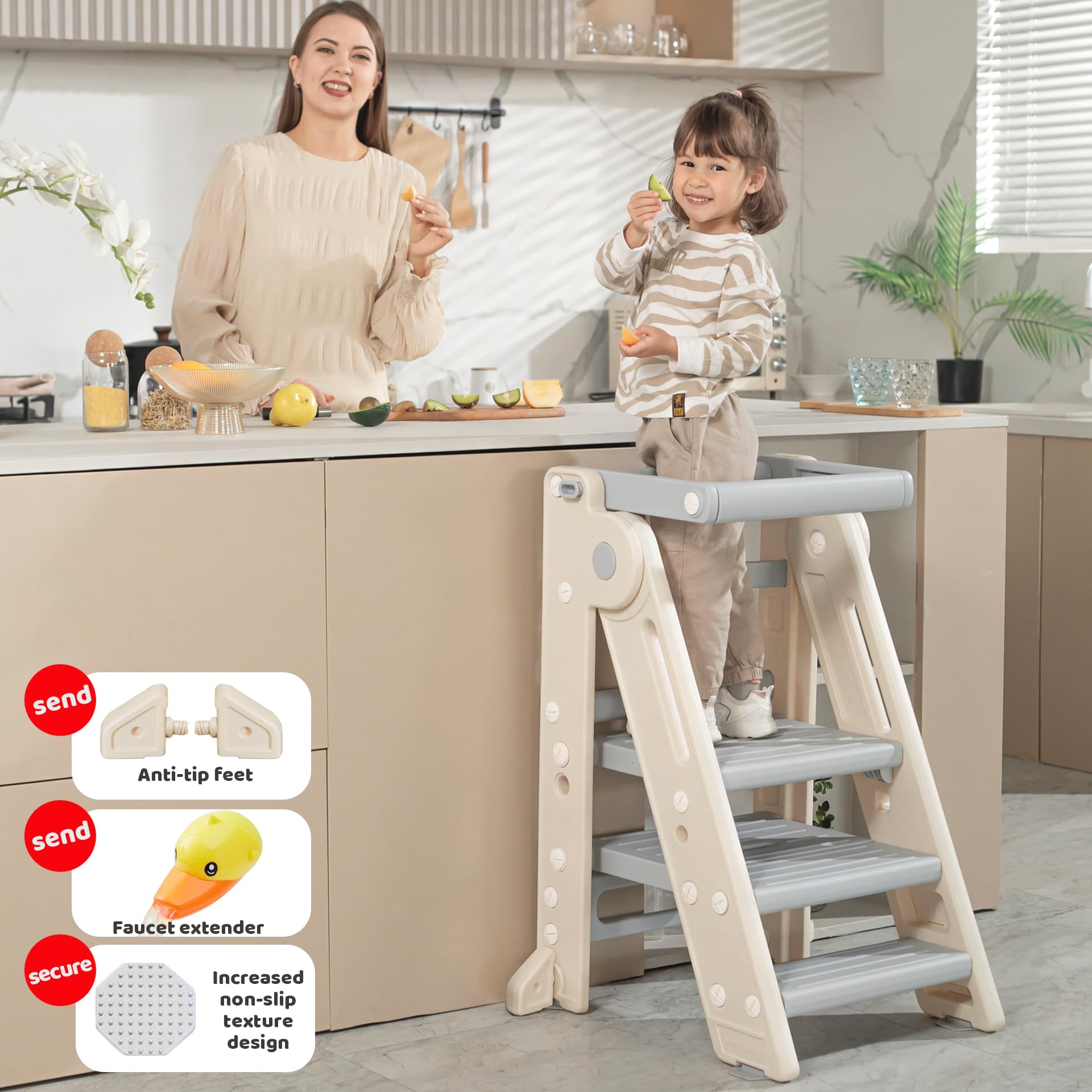 Toddler Standing Tower, Childs Kitchen Stool for Helping,Safety Rail, 2-3 Step Adjustable Ladder for Bathroom Sink & Kitchen Tower -Ages 18 Months to 4 Years (Yellow White)
