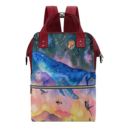 Whale Diving Into Fantasy Space Diaper Bag Backpack Large Capacity Mommy Bags Multifunction Nappy Bag Travel Back Pack Red-Style