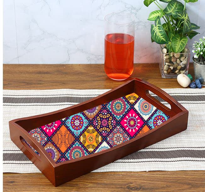 Mandala Printed Wood Serving Tray with Handles, Wooden Serving Tray, Snack Tray, Breakfast Tray, Great for, Breakfast, Coffee Tables, Homes, Restaurant Size- 15" x 10" x 1.75"