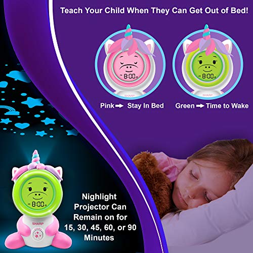 Sharp Ready to Wake Unicorn Sleep Trainer, Kid’s Alarm Clock for Ready to Rise, Ceiling Projection Nightlight and “Off-to-Bed” Feature – Simple to Set and Use! Pink, White