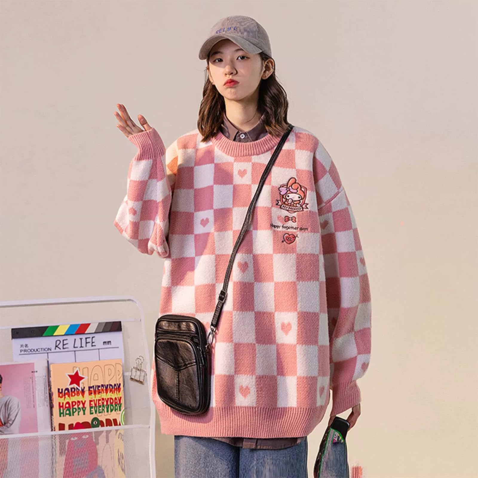 Kawaii Plaid Sweaters Anime Knitted Outerwear for Women Cosplay Costume Casual Oversized Sweater Pullover (as1, alpha, m, regular, regular, Black)