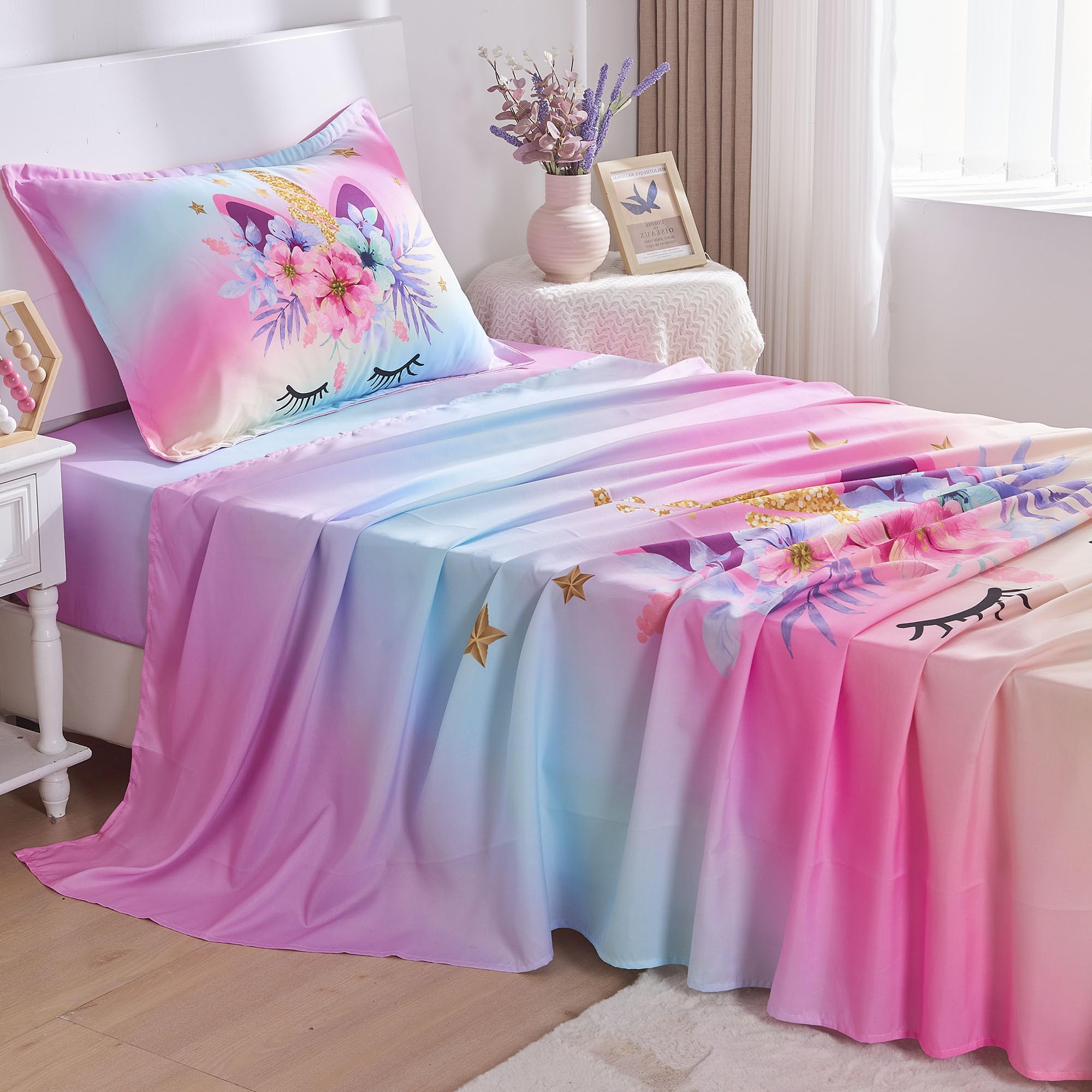 VIVILINEN Twin Size Sheet Set 3 Piece Rainbow Unicorn Kids Bed Sheets Set for Girls Kids Bedding Sheets Toddler Twin Bedding Set Include Flat Sheet, Deep Pocket Fitted Sheet and Pillowcase