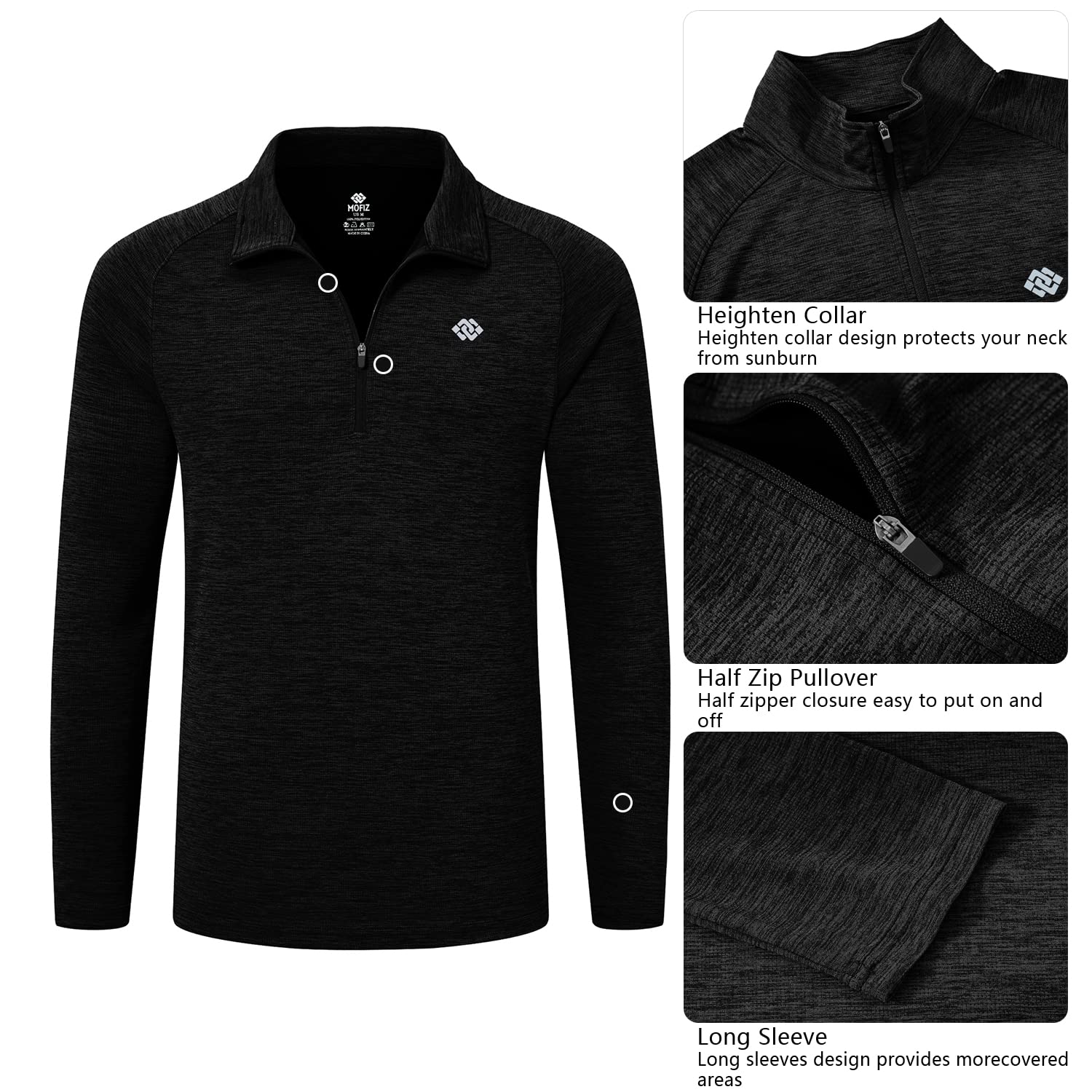 MoFiz Mens Quarter Zip Pullover Dry Fit Running Hiking Shirt Long Sleeve Shirts Lightweight Athletic Top Black XL