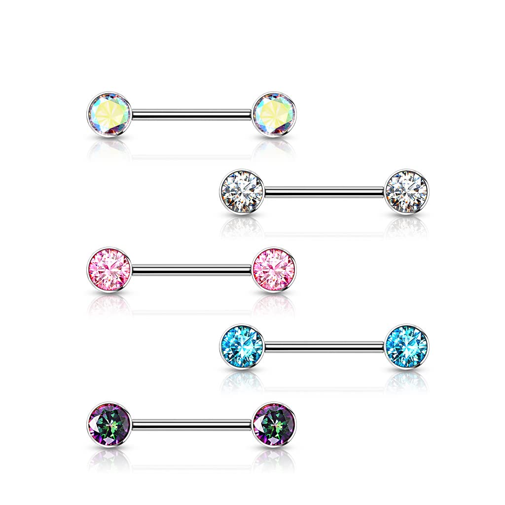 Pierced Owl 14GA Implant Grade Titanium 5/8" Internally Threaded Bezel Set Crystal Nipple Barbells, Sold as a Pair (Aurora Borealis)