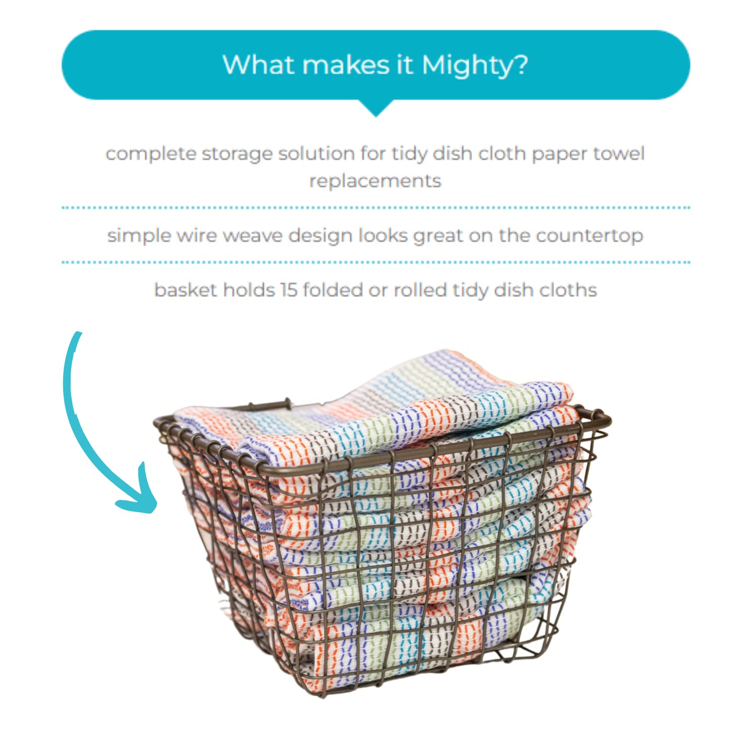 MightyNest Design Ideas Wire Basket with Set of 15 Reusable Dish Cloths for Kitchen | Paper Towel Alternative | Zero Waste | Each Kitchen Dish Towel is 12β x 12β | Reusable Kitchen Dish Rags
