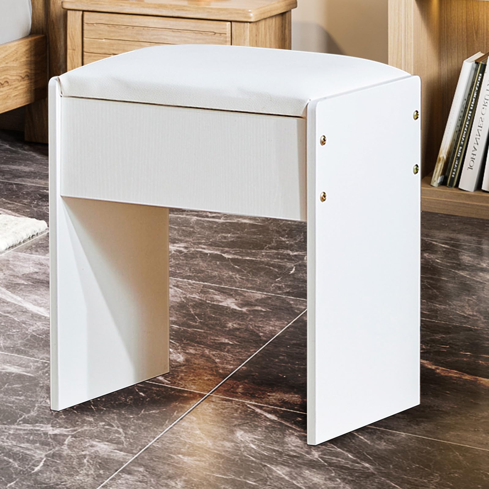 Vanity Stool with PU Padded Chair Cushion Seating for Makeup Vanity, Seat Make Up Bench for Dressing Solid Legs, White