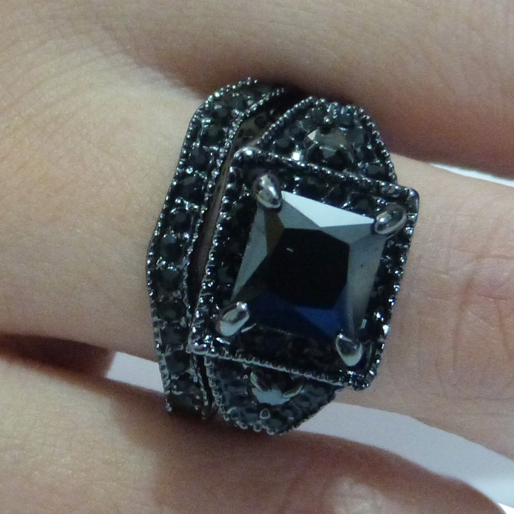 Jude Jewelers Balck Rhodium Princess Cut Wedding Engagement Ring Set (8)
