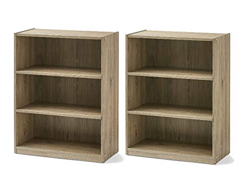 Mainstay' 3-Shelf Bookcase | Wide 31" Bookshelf Storage Wood Furniture in Rustic Oak - Set of 2