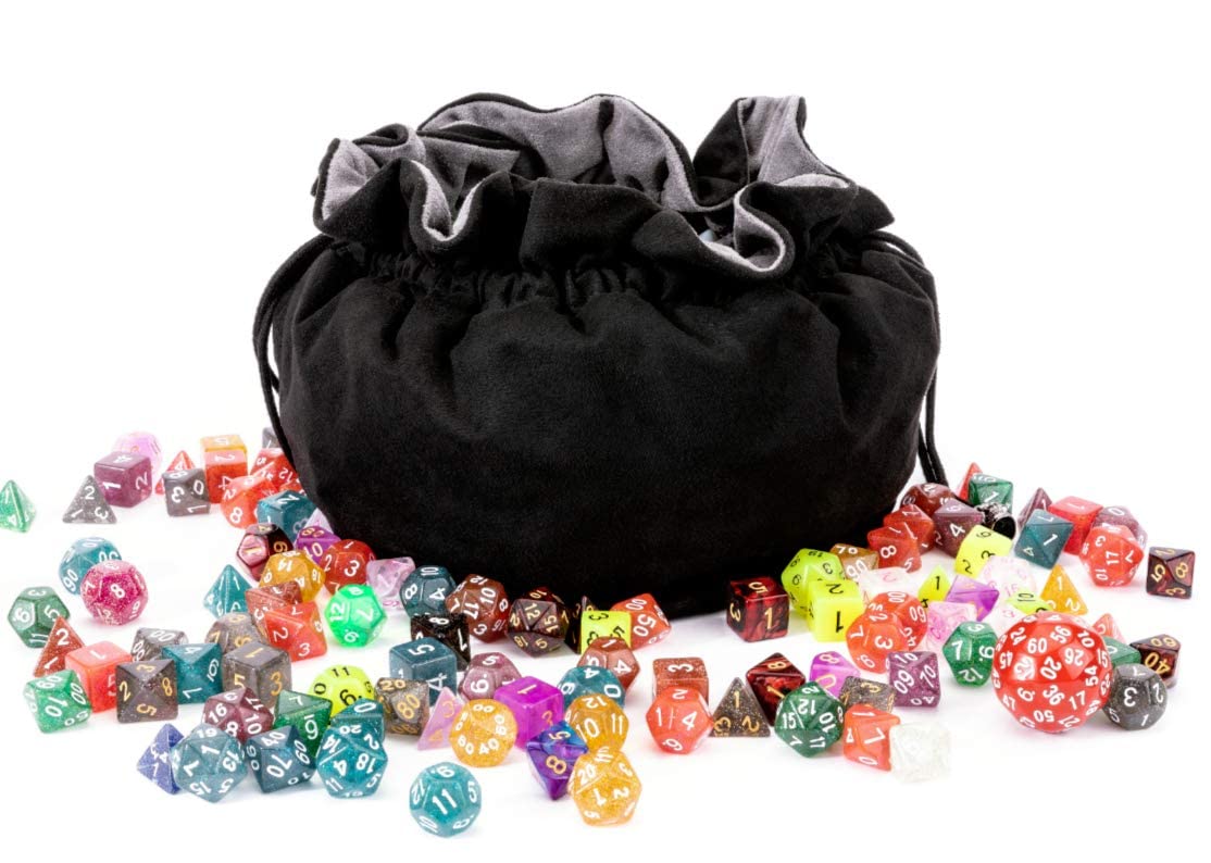 Large DND Dice Drawstring Bags with Pockets Black Storage Bag for RPG MTG Game Dices Capacity Over 300 Dice