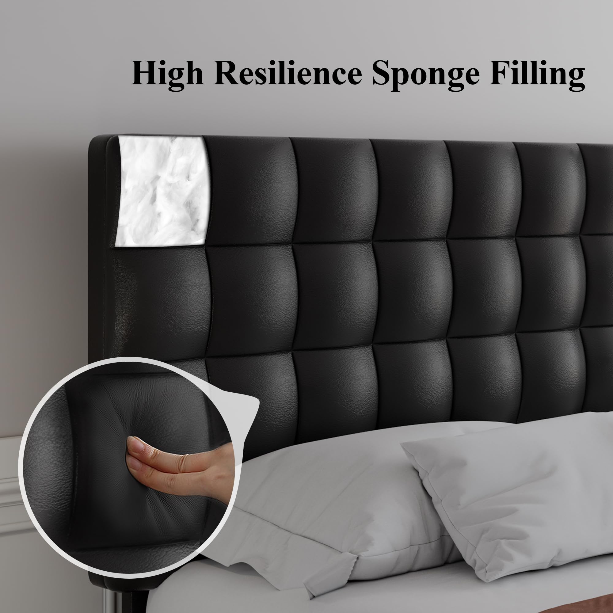 iPormis King Size Platform Bed Frame, Faux Leather Upholstered Bed Frame with Square Tufted Headboard, Wood Slats Support, No Box Spring Needed, Easy Assembly, Black