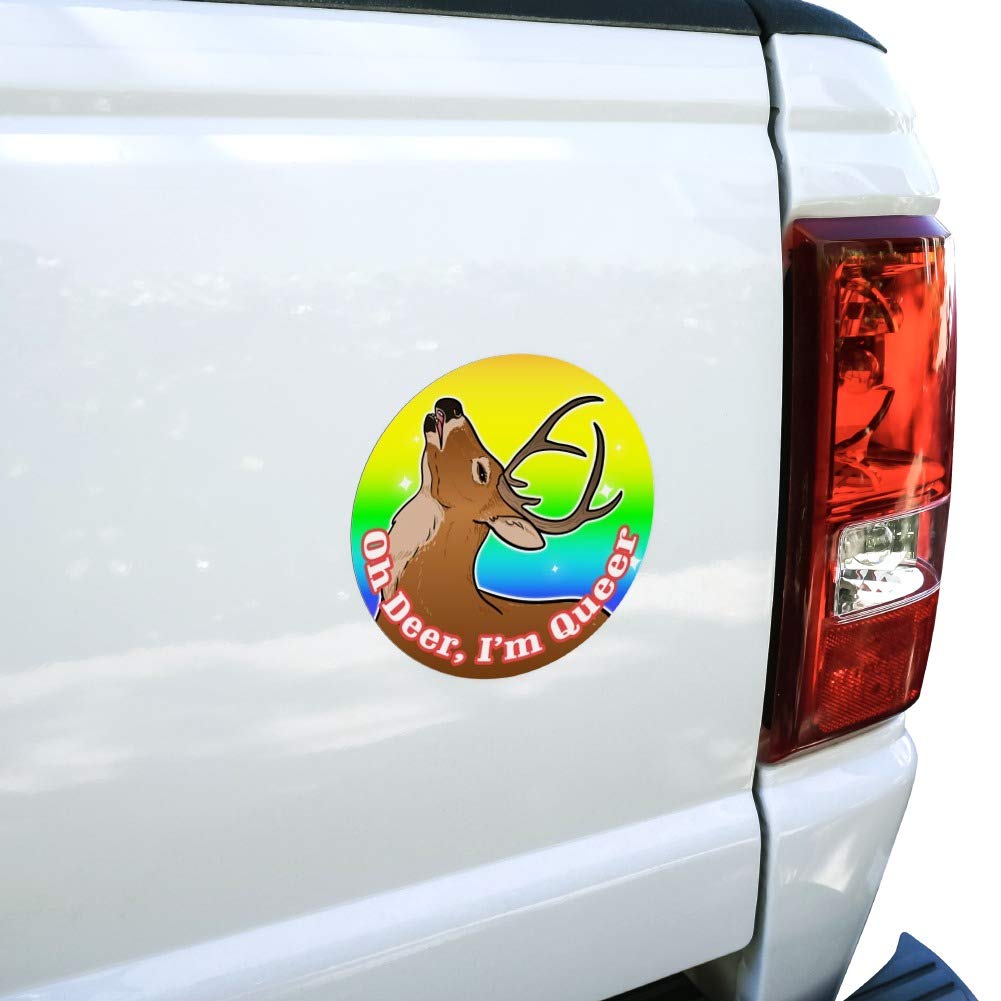 Oh Deer I'm Queer Rainbow Pride Gay Lesbian Funny Automotive Car Refrigerator Locker Vinyl Circle Magnet