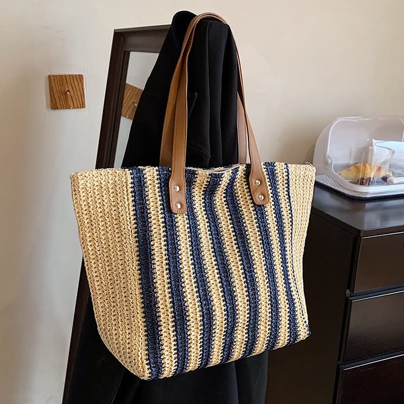 N/A Summer Striped Straw Bag Women Woven Shoulder Handbag Rattan Handmade Beach Bag Large Capacity Totes (Color : B, Size : One Size)