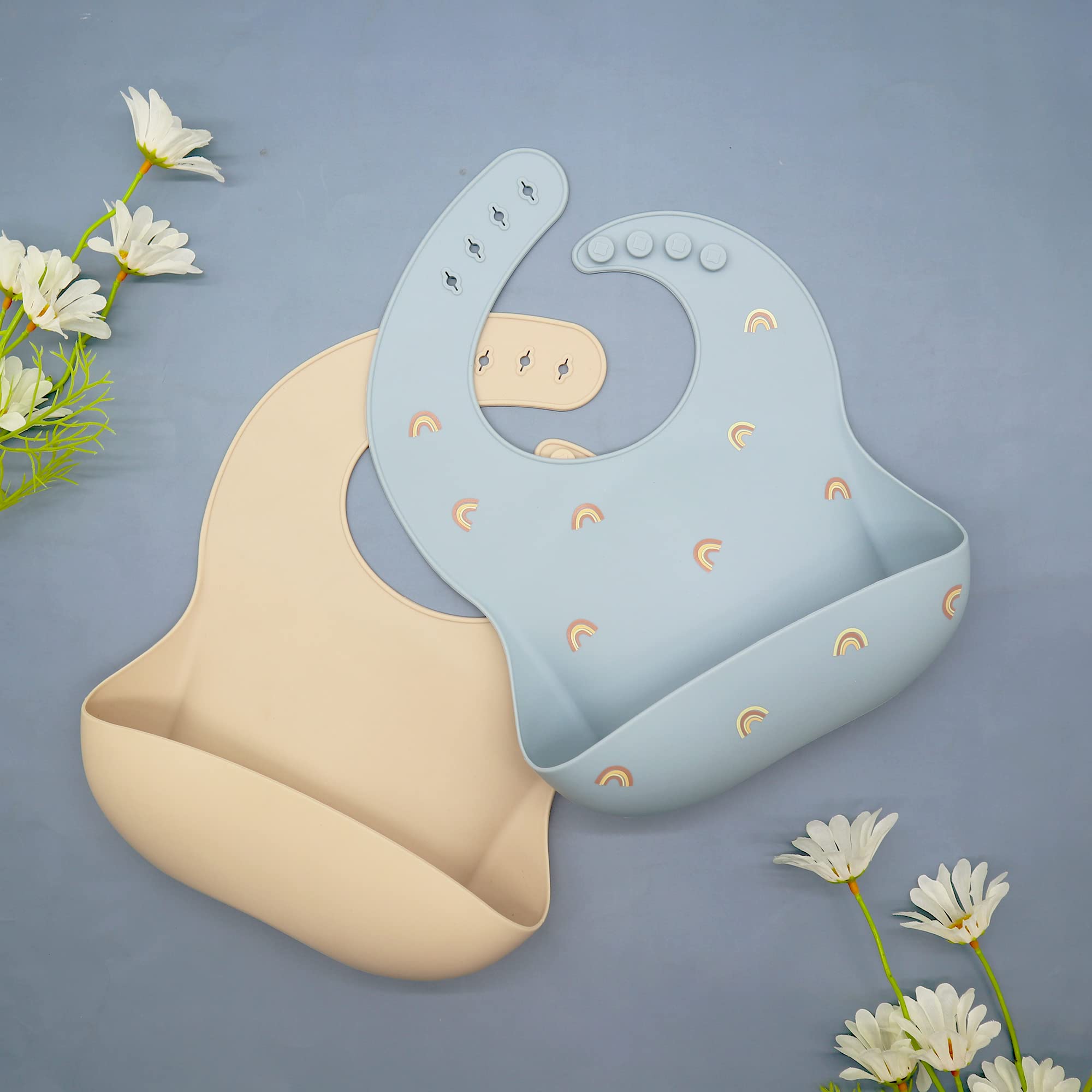 Santi & Me Silicone Bibs for Babies & Toddlers, Soft Waterproof Bibs with Food Catcher Pocket, Adjustable Baby Feeding Bibs 2 PCS (Beige&Dusty blue)