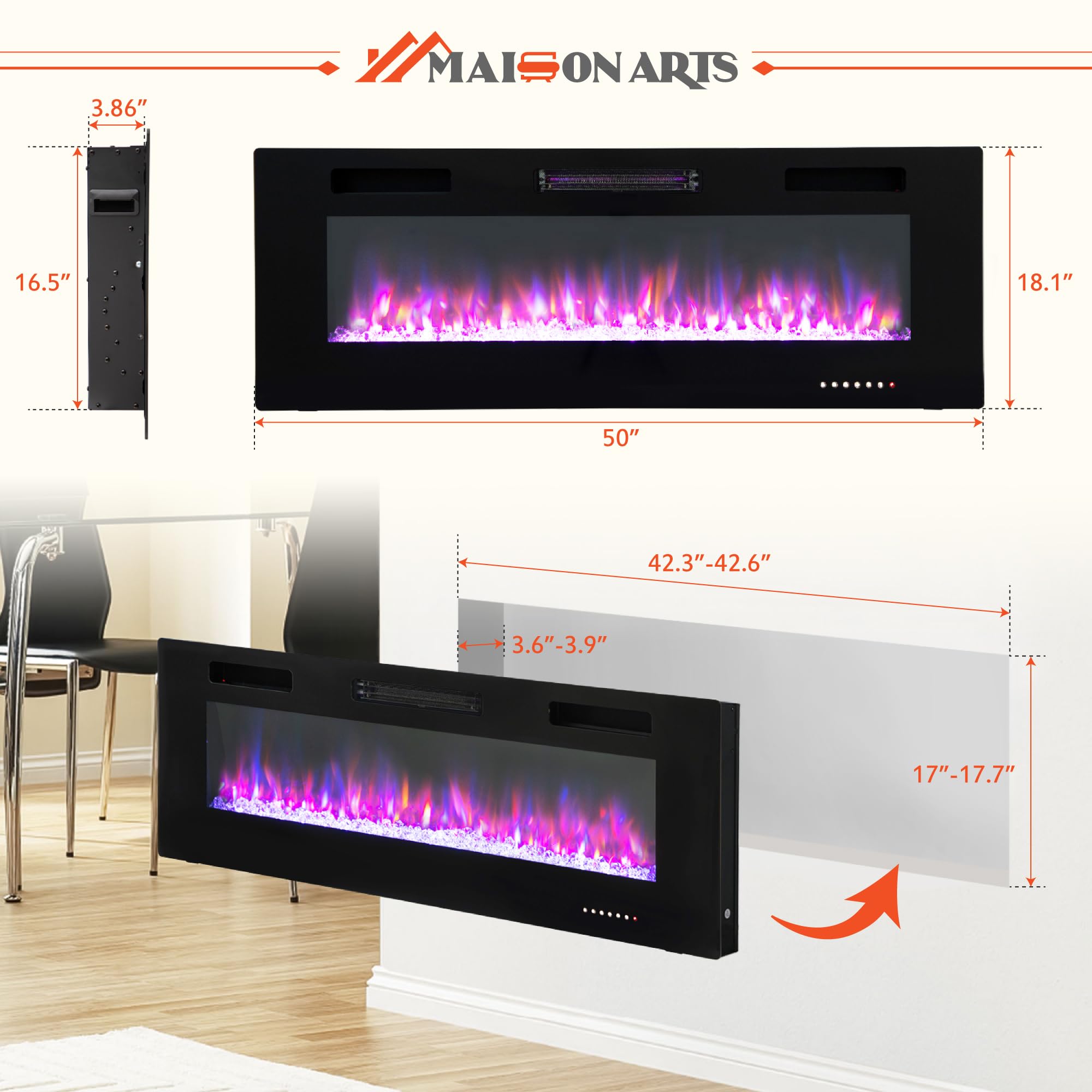 MAISON ARTS 50" Electric Fireplace Indoor Wall Mounted & Recessed Fireplace Heater with Remote Control & Touch Screen,8hrs Timer, Adjustable Flame & Bed Colors and Speed for Bedroom Living Room,1500W