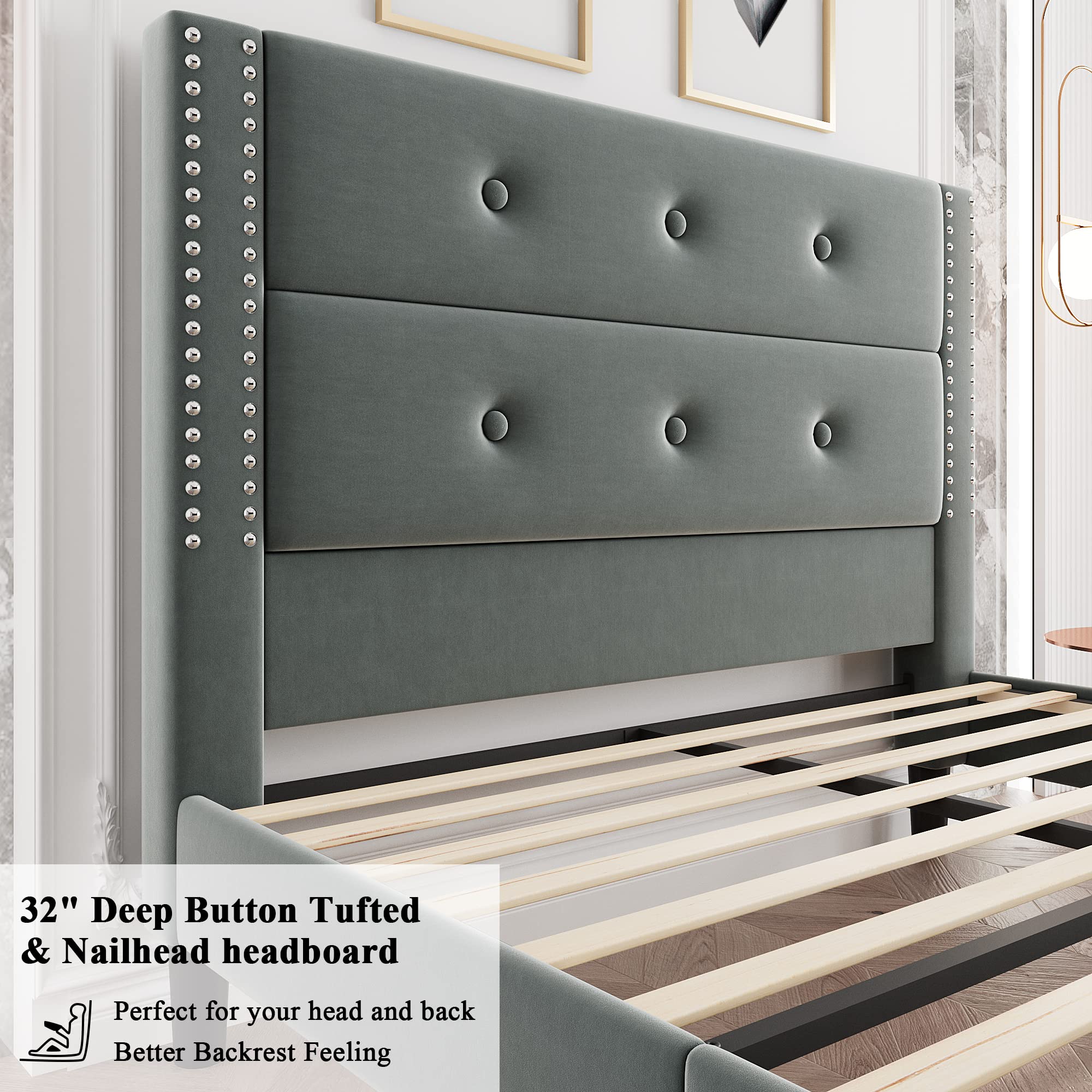 iPormis Queen Size Platform Bed Frame, Velvet Upholstered Bed Frame with Button Tufted & Nailhead Headboard, Wooden Slats Support, No Box Spring Needed, Noise-Free, Gray