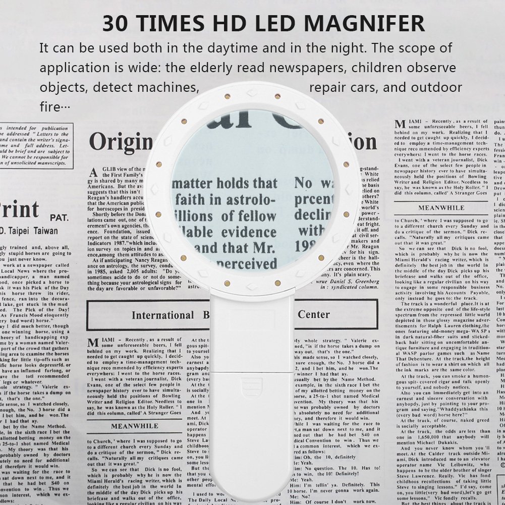 Magnifying Glass with Light, 30X Illuminated Large Magnifier Handheld 12 LED Lighted Magnifying Glass for Seniors Reading, Soldering, Coins, Jewelry, Macular Degeneration(Silver Button)