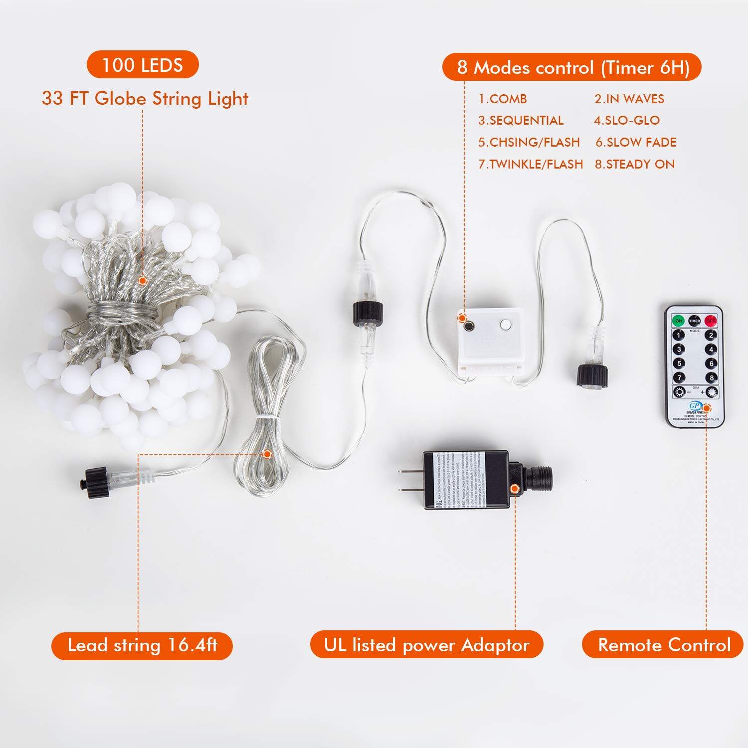 Koxly 49 Ft 100 LED Globe String Lights Decorative Lighting Strings Plug in Fairy Lights with Remote Control for Indoor and Outdoor Bedroom Christmas Party