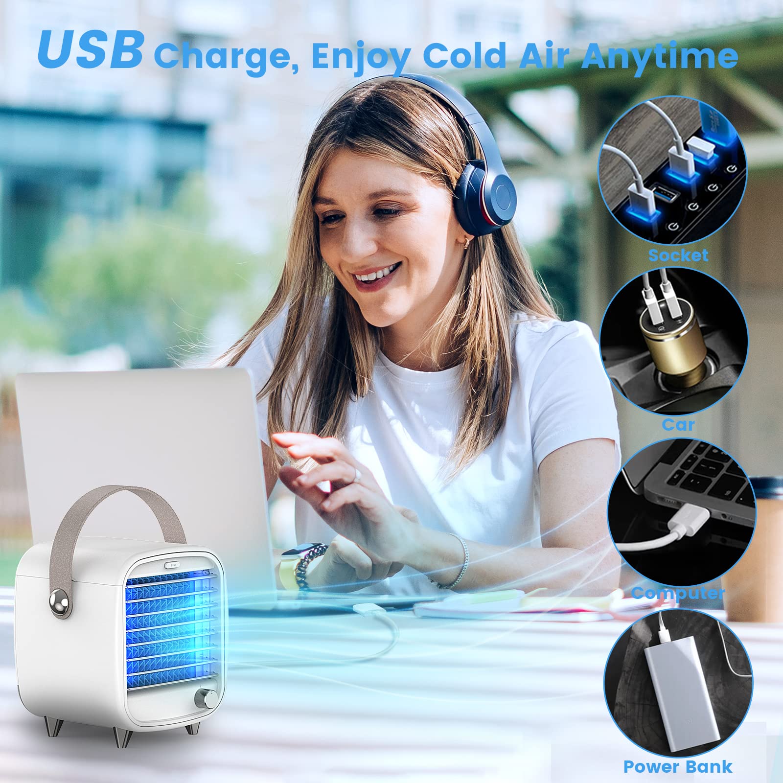 Portable AC, Mini Portable Air Conditioner for Bedroom Room Desk Office Car Camping, Small Personal Cooler Evaporative Air Cooler USB Power LED Light Low Noise