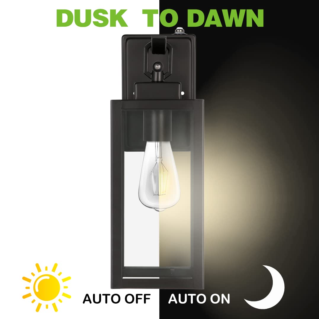 Large Outdoor Wall Light, 16 Inch Outdoor Wall Lantern, Dusk to Dawn Exterior Waterproof Wall Sconce, Anti-Rust Wall Mounted Lighting with Glass Shade, Matte Black Wall Lamp with E26 Socket for Porch