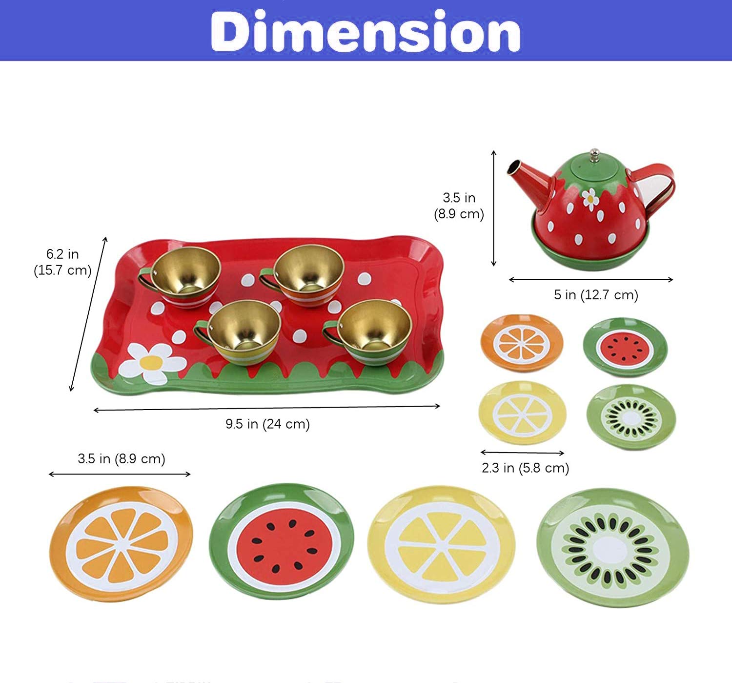 Kids Fruit Themed Tin Tea Party Toy Set - Metal Teapot and Cups for Childrens Kitchen Pretend Play (14 Pieces)