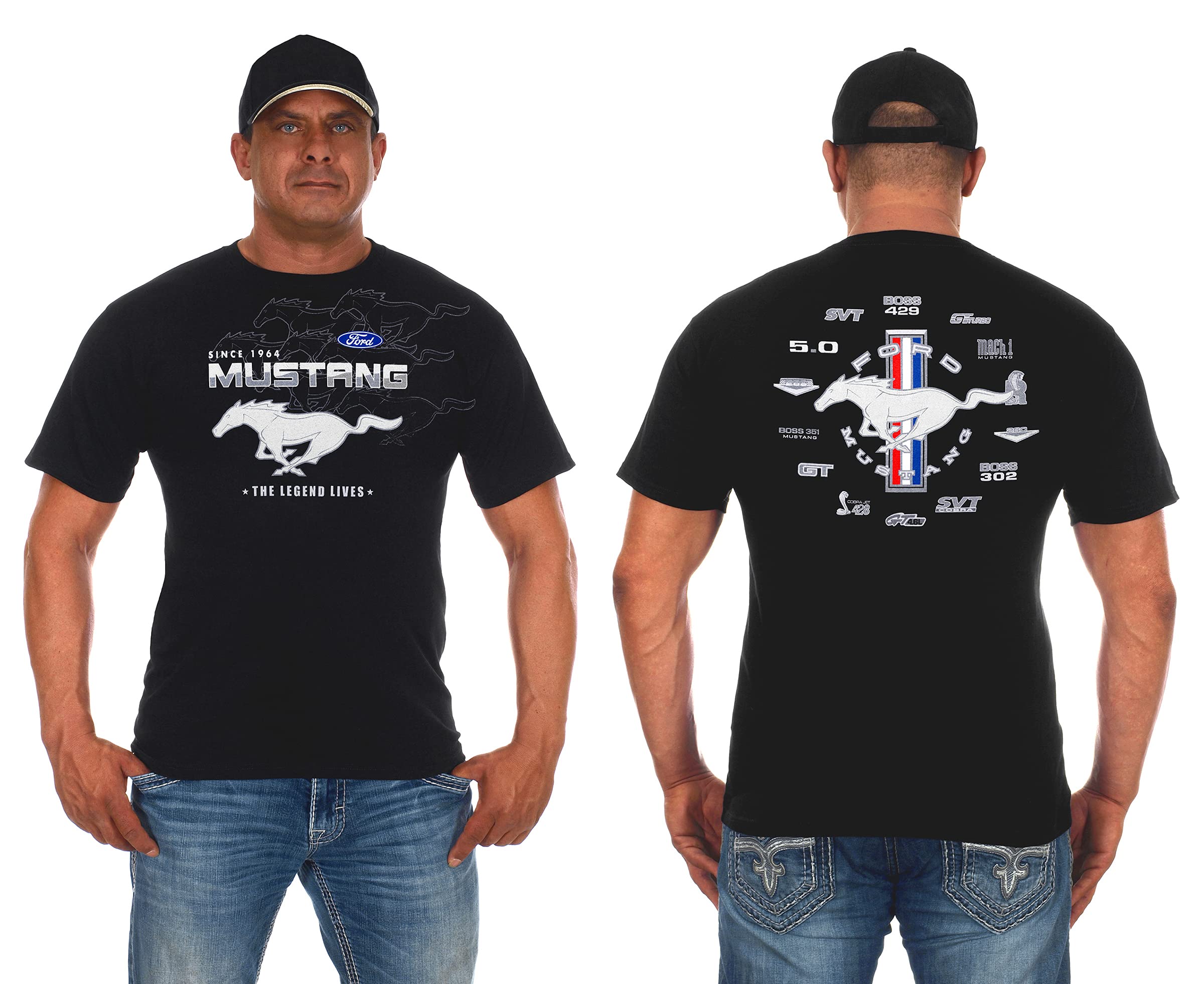 JH Design Men's Ford Mustang USA T-Shirt Short Sleeve Crew Neck Shirt (Large, US05-Black)