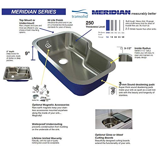 Transolid MTSO33229-1 Meridian Stainless Steel 1-Hole Drop-In Single Bowl Kitchen Sink, 22 1/64"L x 33"W x 9"H, Brushed Stainless Steel