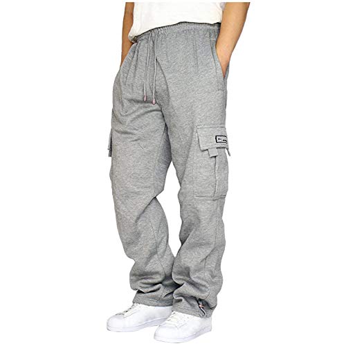 Men's Heavyweight Fleece Cargo Sweatpants Stretch Elastic Waist Athletic Workout Jogger Pant Drawstring Sport Trousers(Grey,XXL)