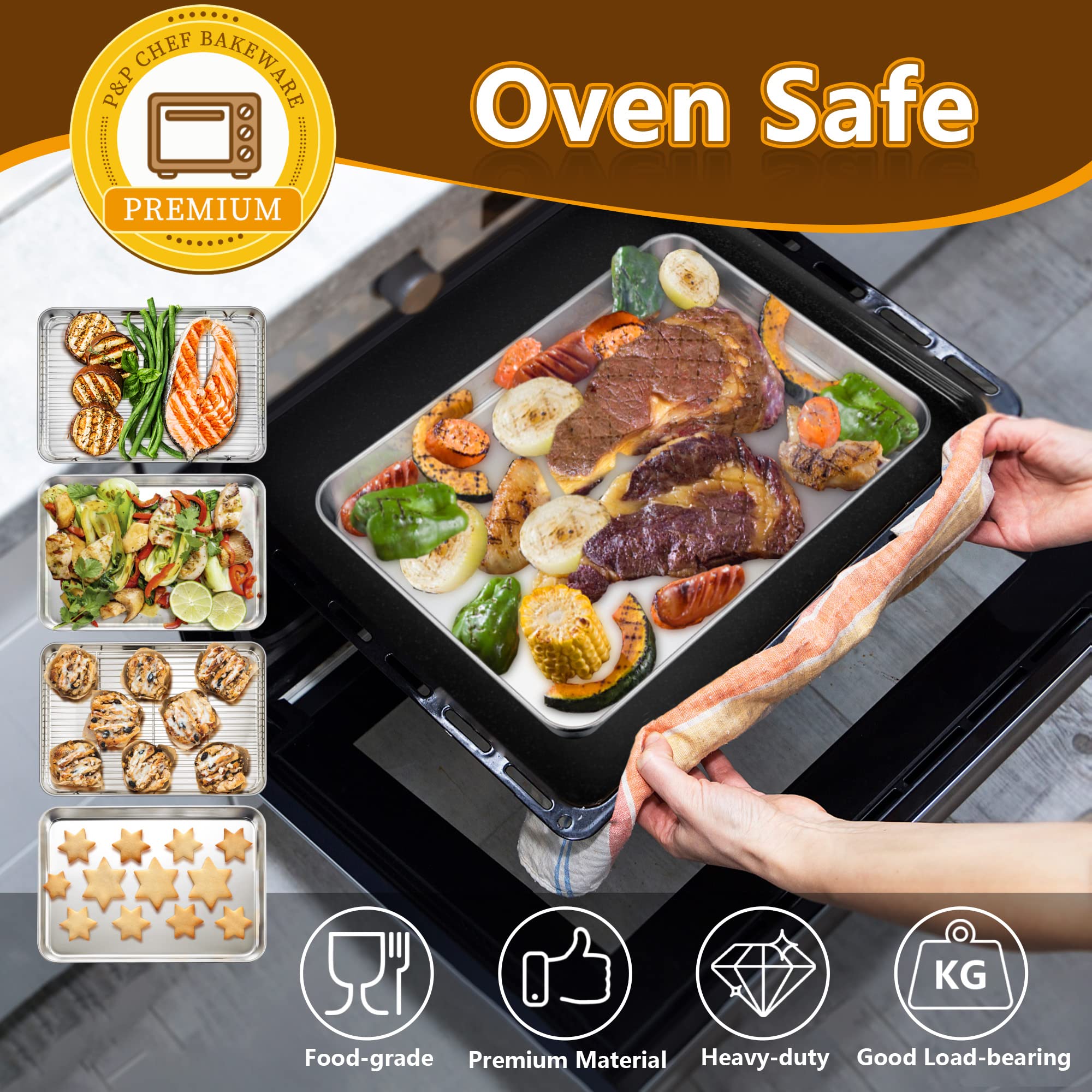 P&P CHEF 12.5 Inch Toaster Oven Pan and Rack Set,4 Pieces Stainless Steel Baking Pan Oven Trays with Cooling Rack, Non Toxic & Dishwasher Safe,2 Pans + 2 Racks