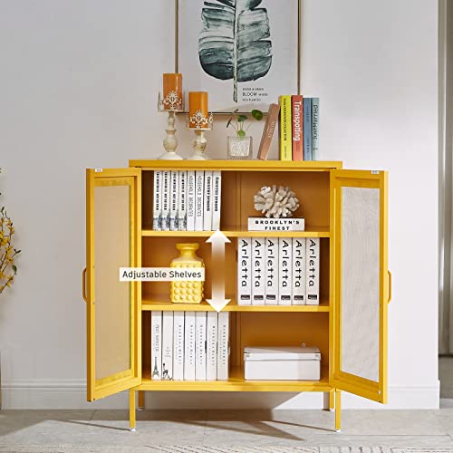 SPACEROCK Storage Cabinet Kitchen Buffet Pantry 40β Stylish Metal Pantry Cabinet with 2 Mesh Doors, Suitable for Office, Dining Room, Living Room, Yellow