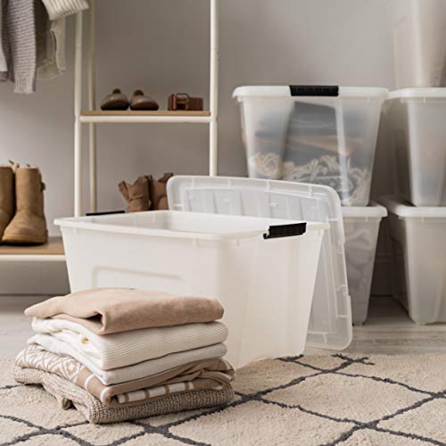 IRIS USA 54 Qt Stackable Plastic Storage Bins with Lids, 6 Pack - BPA-Free, Made in USA - Discreet Organizing Solution, Latches, Durable Nestable Containers, Secure Pull Handle - Pearl