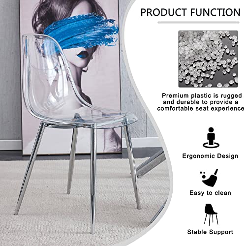 Yoluckea Crystal Clear Dining Chairs Set of 4, Modern Plastic Shell Kitchen Chairs Accent Ghost Chairs with Metal Legs for Kitchen, Dining, Living, Guest, Bed Room (Silver Frame)