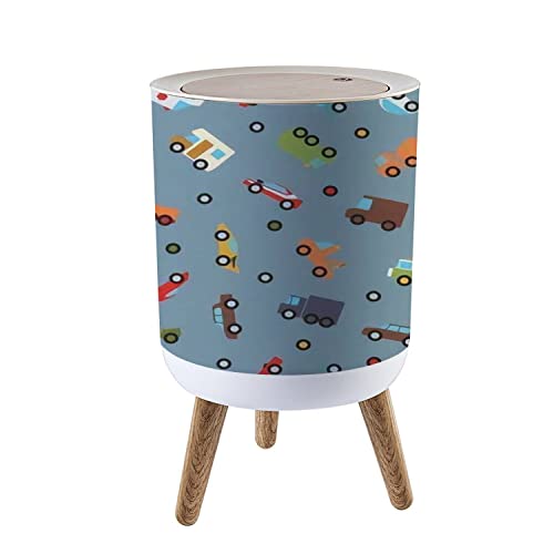 Trash Can with Lid Seamless with Cars and Trucks Simple Illustrations Nursery Room Press Cover Small Garbage Bin Round with Wooden Legs Waste Basket for Bathroom Kitchen Bedroom 7L/1.8 Gallon