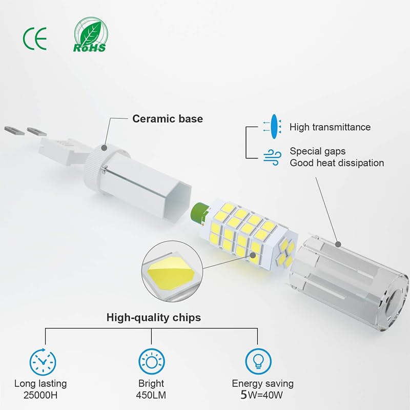 JERYJO G9 led light bulb,5w replacement for 40w halogen G9 bulb, daylight 6000k,G9 corn crystal light for livingroom bedroom lighting(pack of 5)