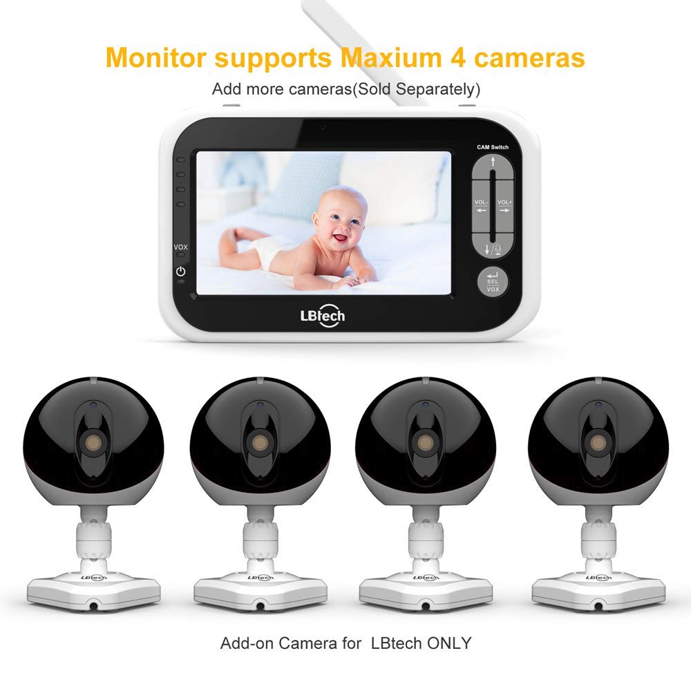 LBtech Video Baby Monitor with 2 Cameras and 4.3 inches Large LCD Screen,Automatic Night Vision,Two-Way Talkback/Audio,Temperature Detection,Power Saving/Vox,Zoom in Lens,Support Multi Camera