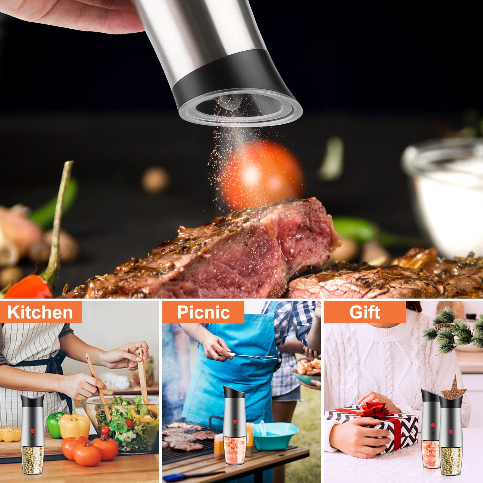 MOVNO Salt and Pepper Grinder Set USB Gravity Electric, Pepper Grinder Refillable Rechargeable, Salt and Pepper Mill, Automatic Powered with Ceramic Grind LED Light, Auto Peppercorn Shaker-Set of 2