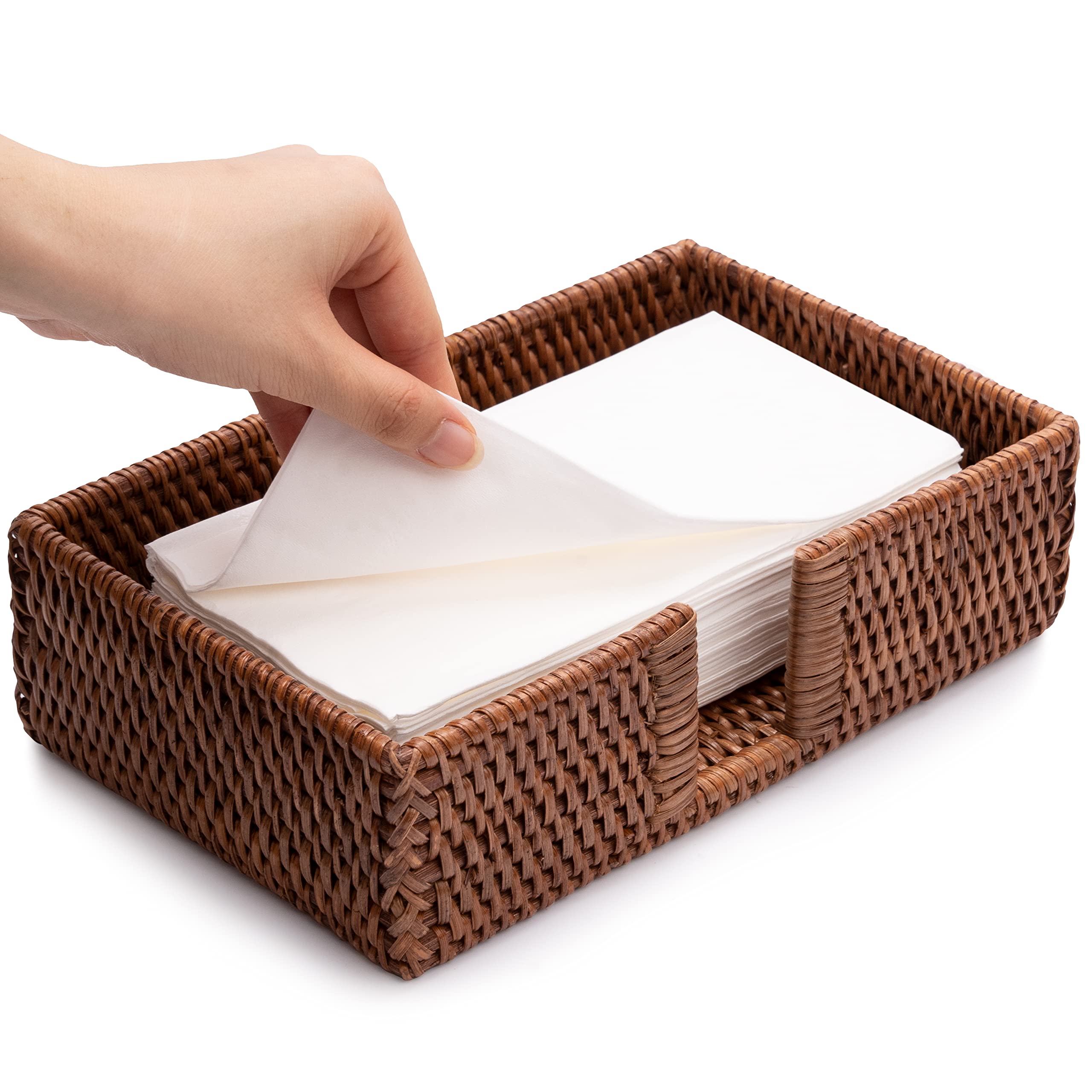 Rattan Guest Towel Holder For Bathroom Towel Caddy Rectangular Napkin Tray Wicker Toilet Tank Basket Dark Brown 9.4 x 5.9 x 2.4 inches Tissue Paper Hand Towels Storage Luncheon Kitchen Countertop