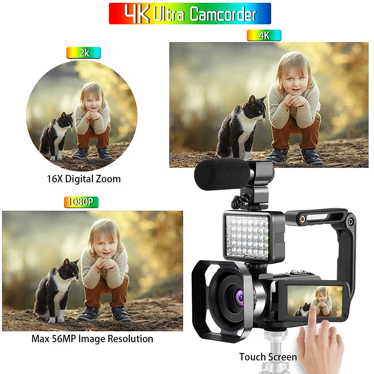 OIEXI 4K Camera for YouTube Videos HD Camcorder with LED Light Digital Vlog Camera with 16X Digital Zoom and Night Vision, Video Recorder with Microphone,(Red,2 Batteries Included)