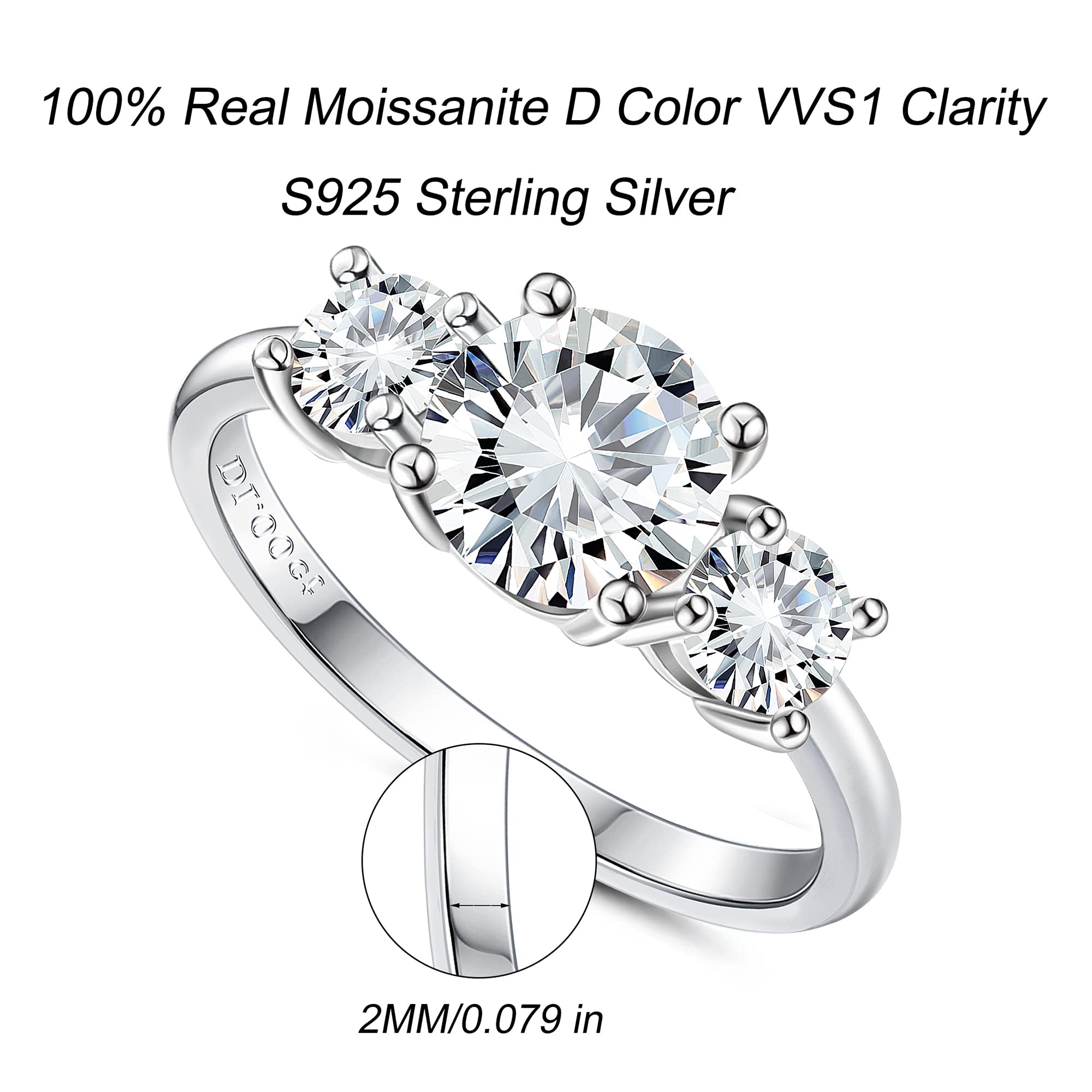 Moissanite Engagement Ring, 1.60 ct D Color VVS1 Lab Created Diamond Brilliant Round Cut Rings, 18K White Gold Plated 925 Sterling Silver Stackable Ring Wedding Rings for Women Size 5.5