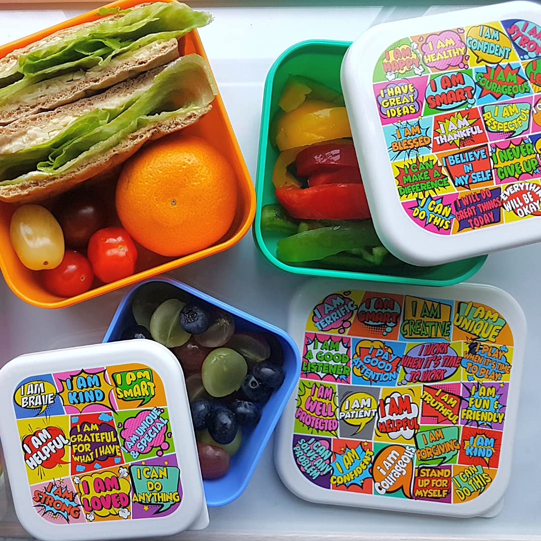 Kids Lunch Box Set, Snack Box, BPA Free Plastic Storage Boxes, Kids Snack Pots, Kids Lunch Box, Great for Picnics, Meal Prep, Mindfulness, Positive Affirmations (Set of 4)