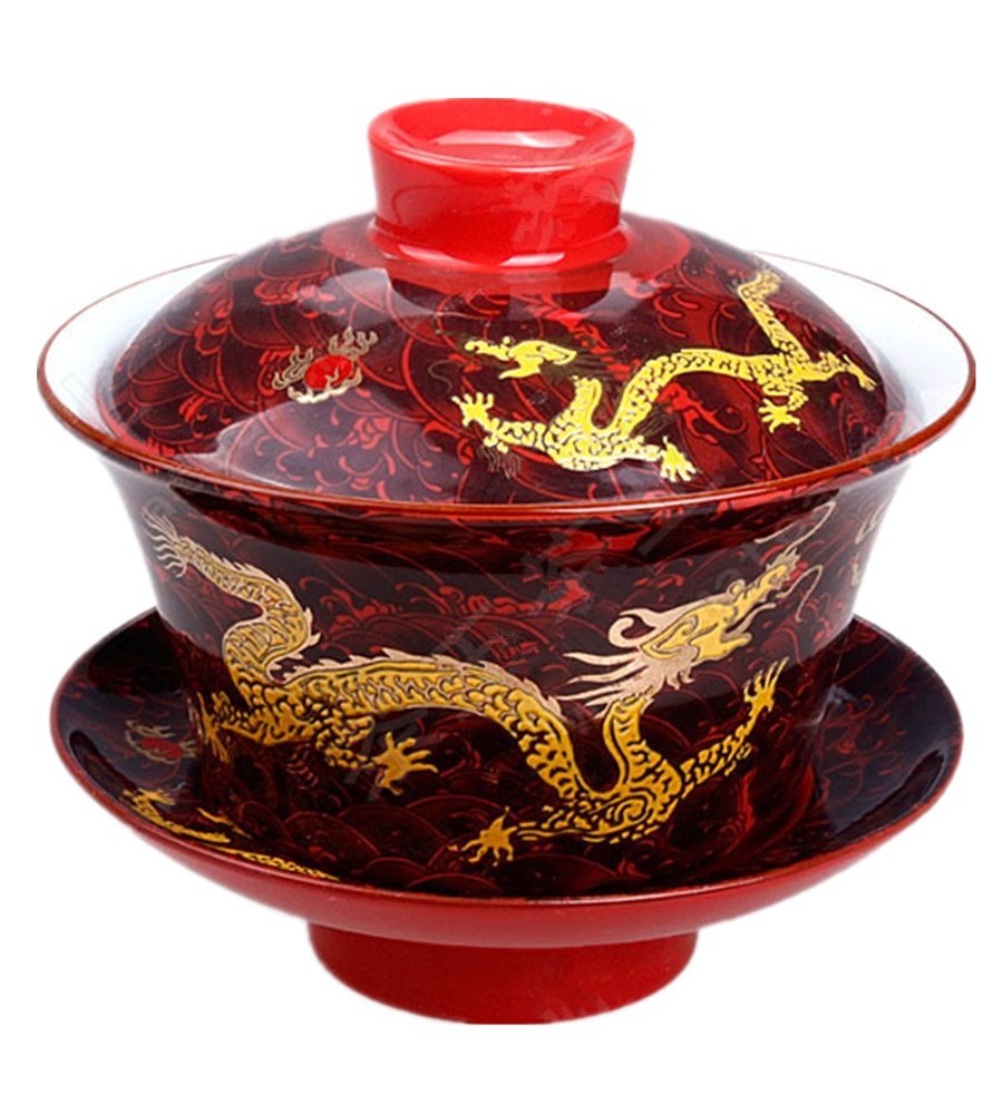 Moyishi Chinese Porcelain Gaiwan Floral Dragon Tradition Sancai Tea Cup Tea Set Best Gift (Dark Red Dragon)