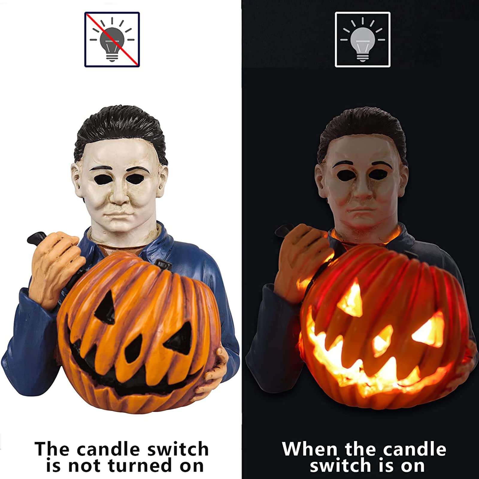 nezababy Light Up Michael Myers Statue Halloween Decoration Sam Trick 'r Treat with Pumpkin Horror Movie Garden Gnomes Decor Resin