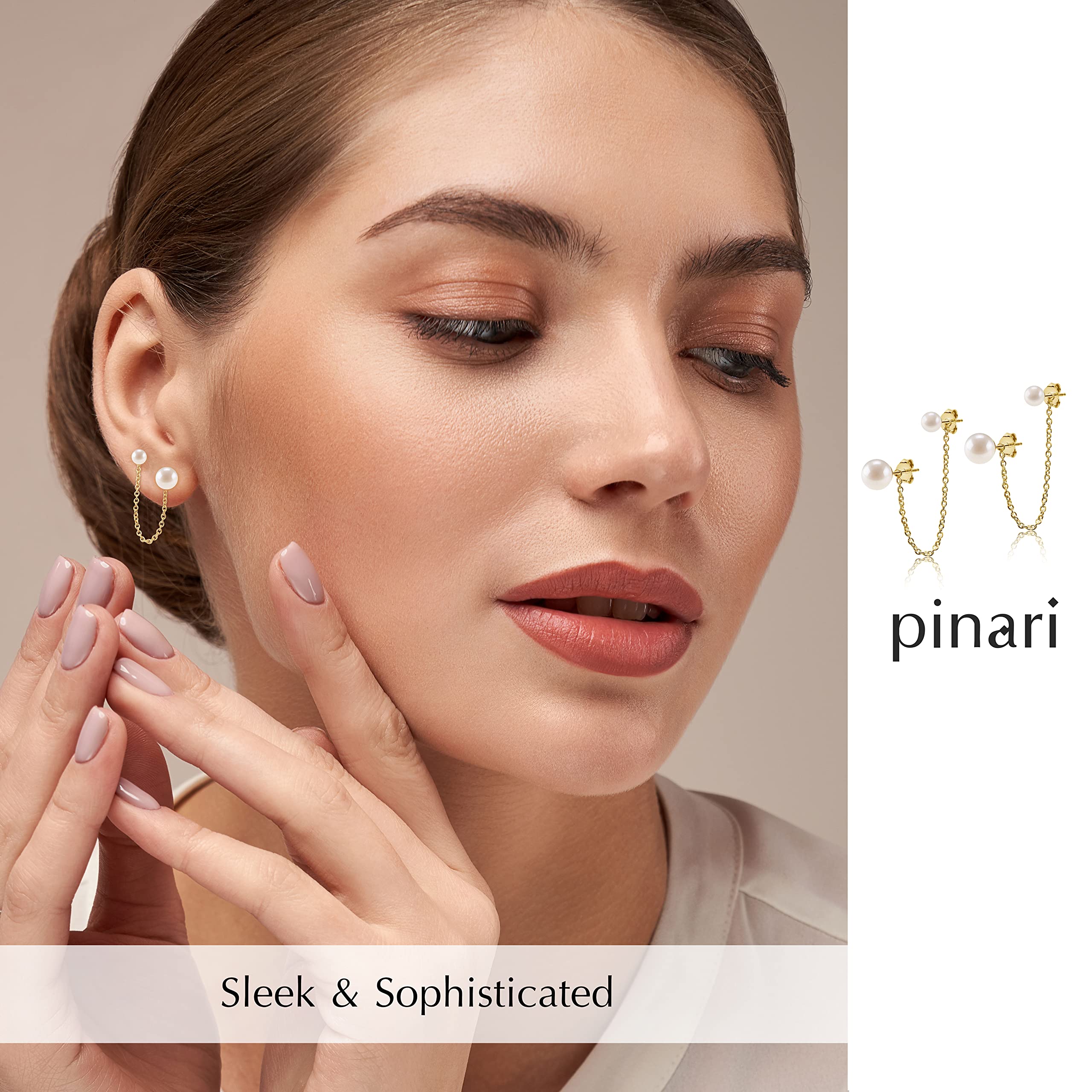 Pinari Double Piercing Pearl Earrings Set β Gold Plated Detachable Chain - 2 Pairs of Shell Pearl Studs β Sterling Silver Double Earrings for Two Holes